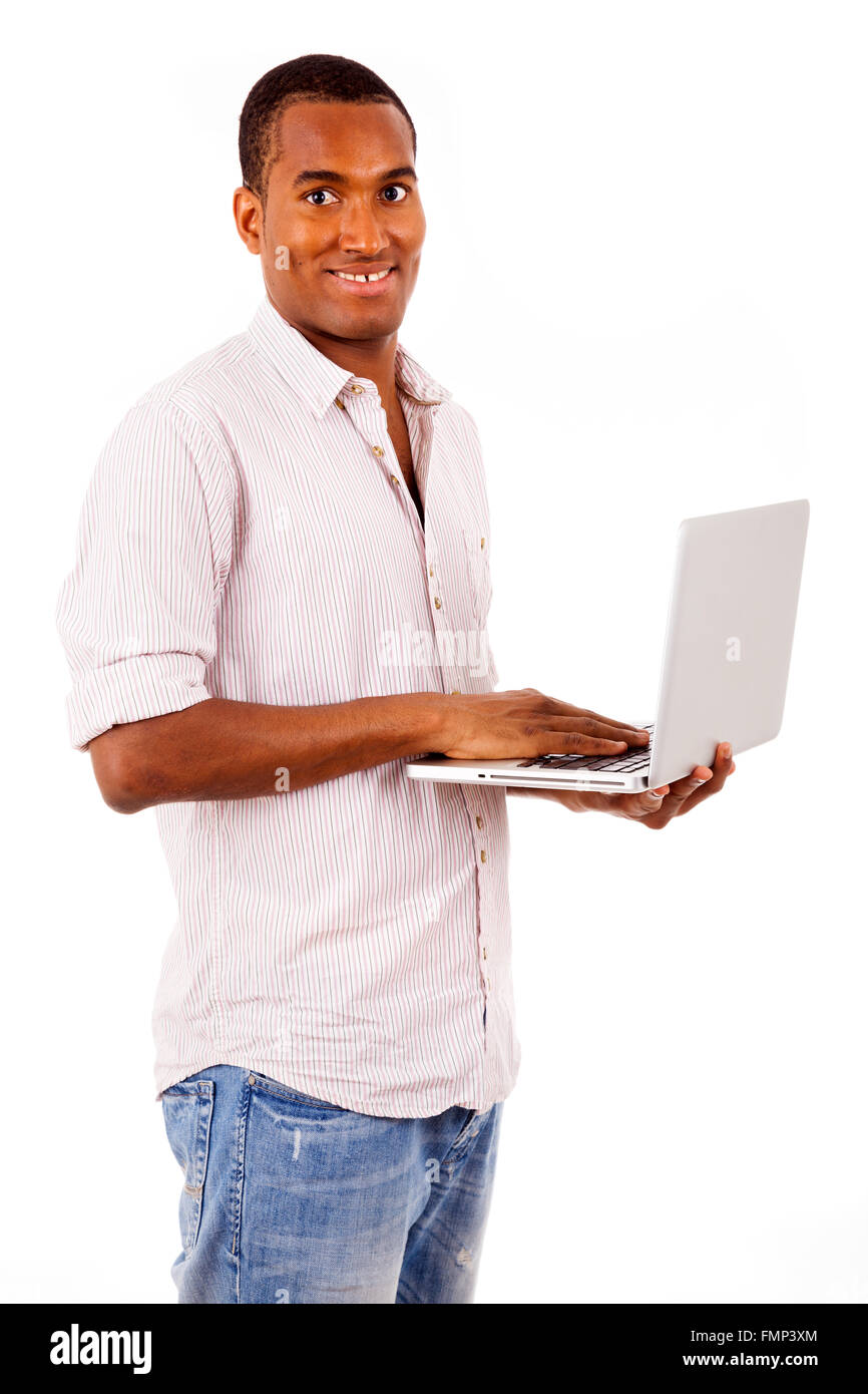 Handsome black man with laptop on white background Stock Photo - Alamy