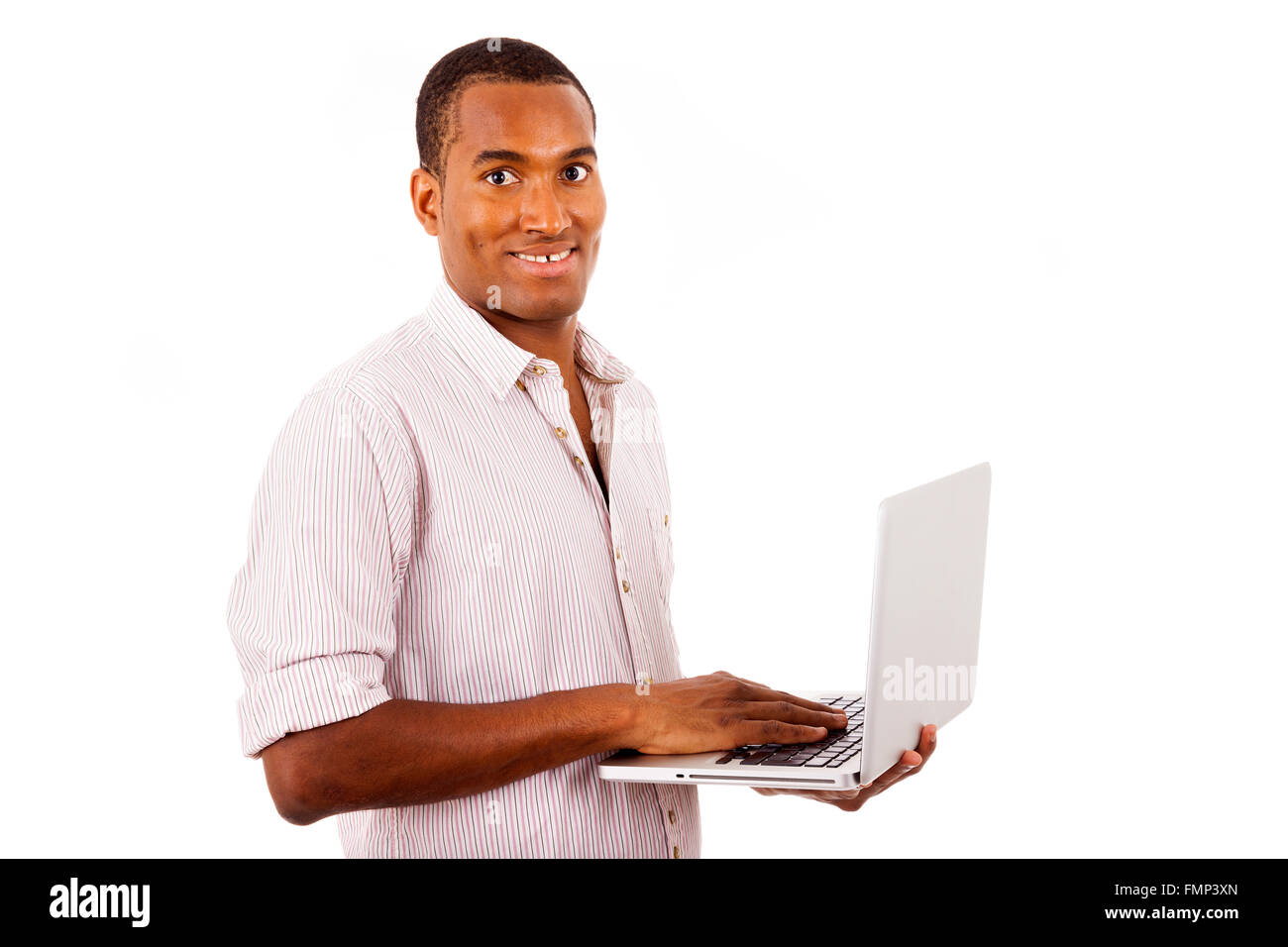 Handsome black man with laptop on white background Stock Photo - Alamy