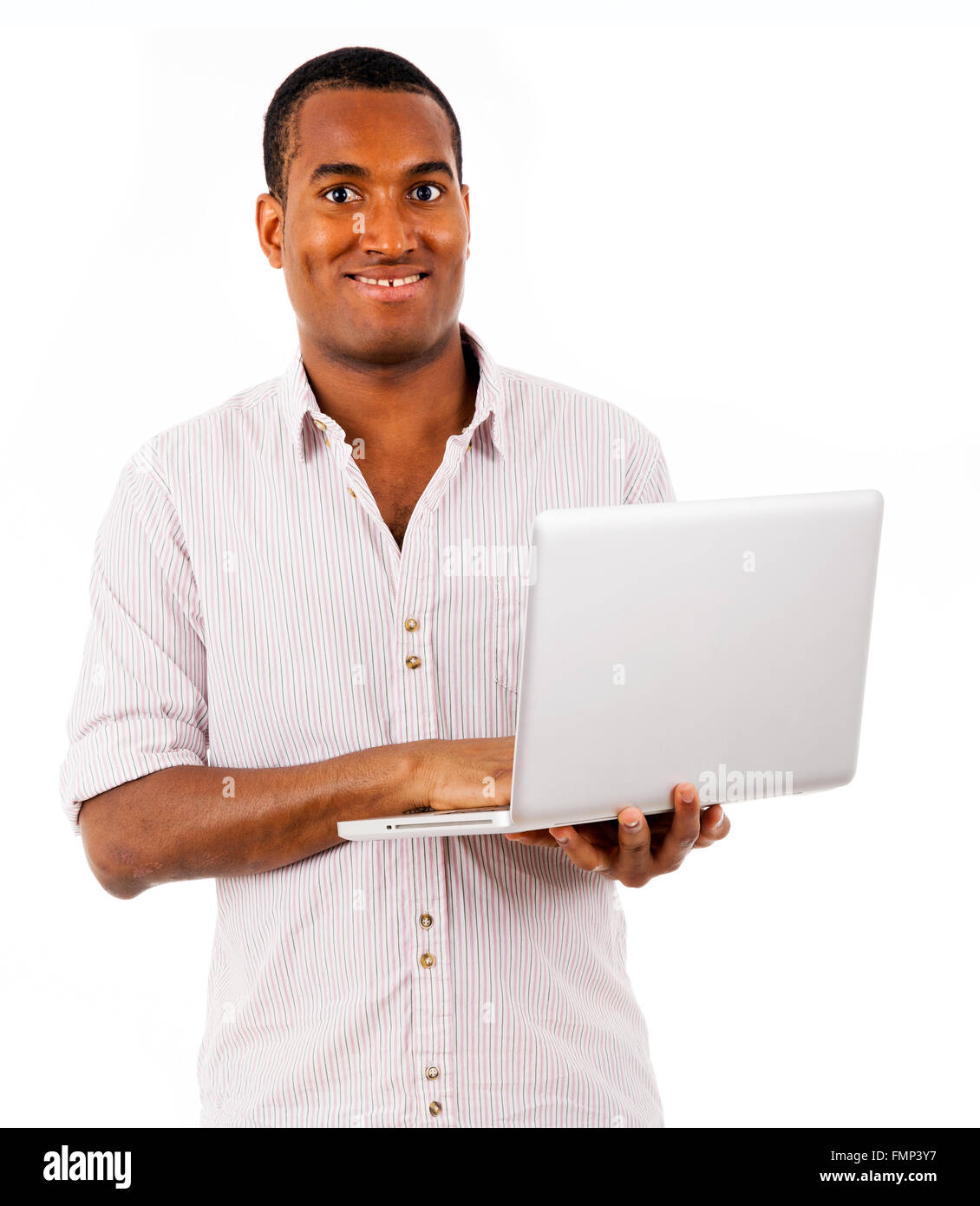 Smiling black man with laptop, isolated on white Stock Photo - Alamy
