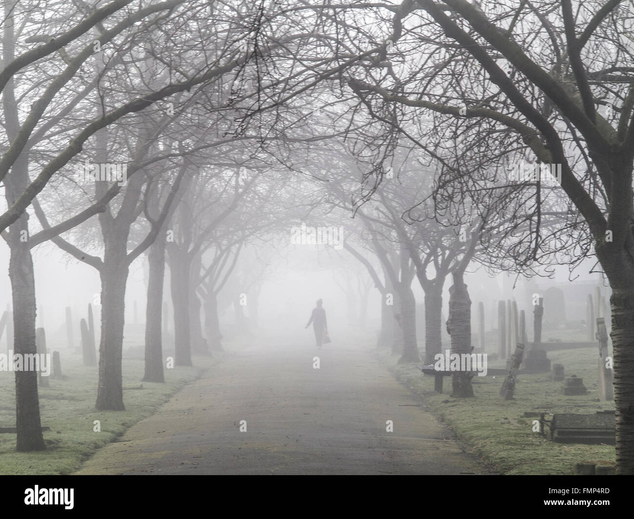 A ghostly figure walks in the fog in a graveyard Stock Photo - Alamy