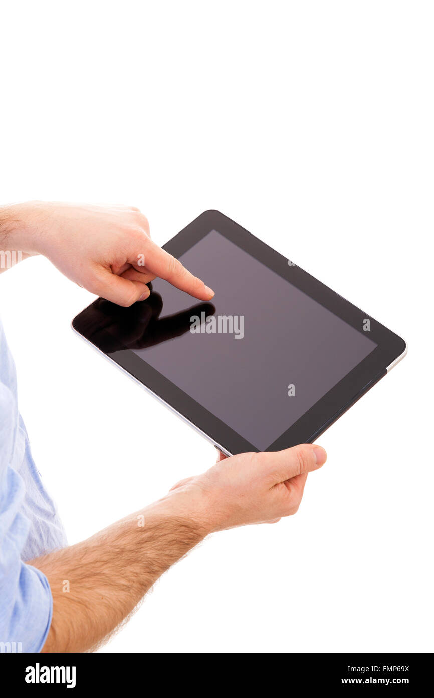 Hands holding tablet computer. Isolated on white background Stock Photo ...