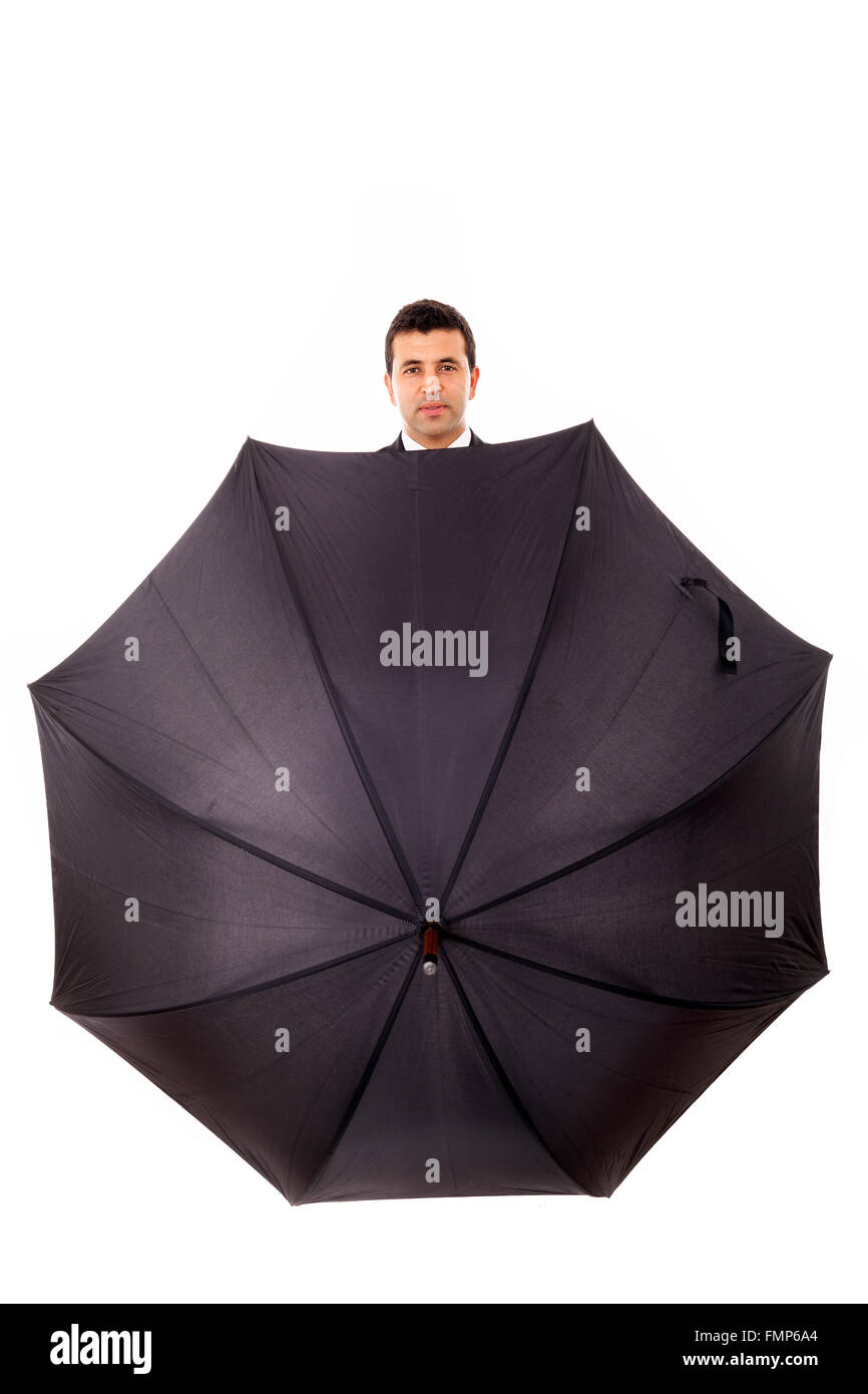 Business man hidden in umbrella against white background Stock Photo ...