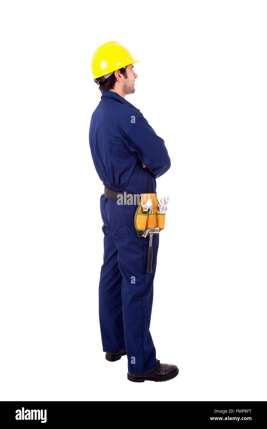Young worker standing from back on white background Stock Photo - Alamy