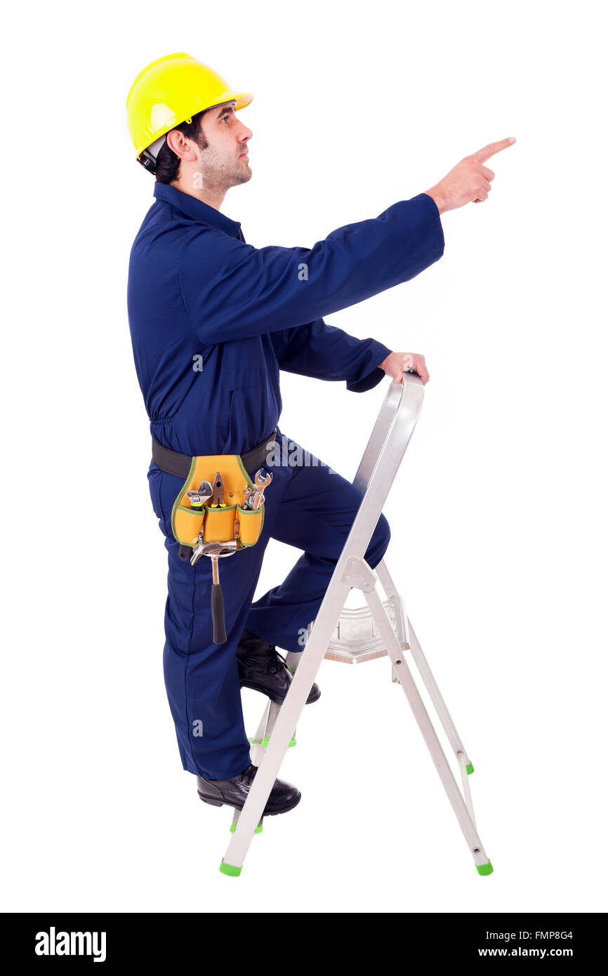 Young worker climbing a ladder, isolated on white Stock Photo - Alamy