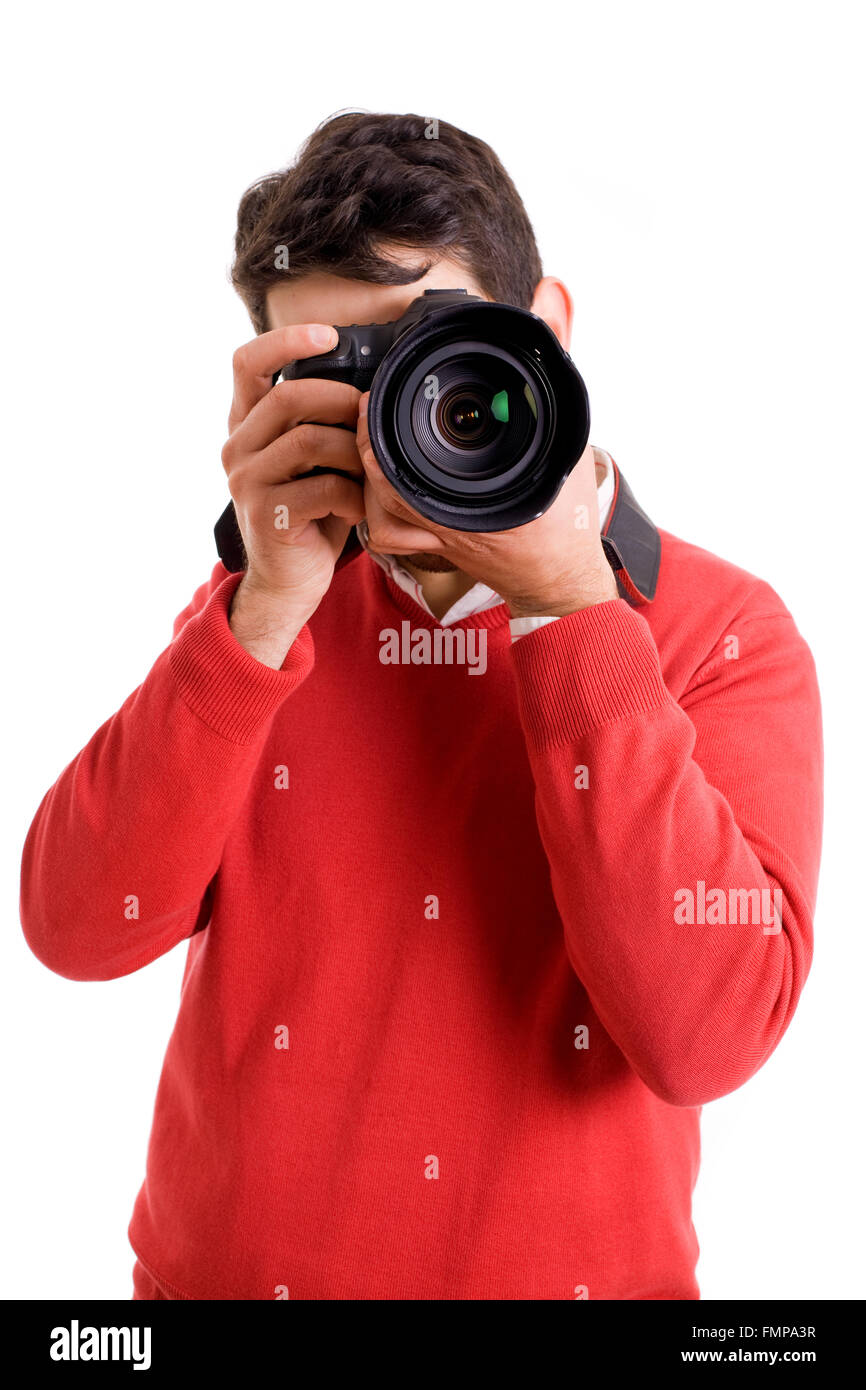 Professional photographer with camera on white background Stock Photo ...
