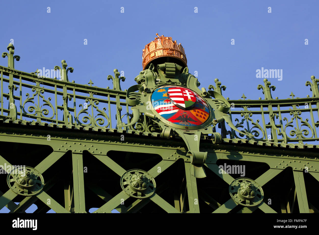 Hungarian coat of arms on the Liberty Bridge, Budapest, Hungary Stock ...