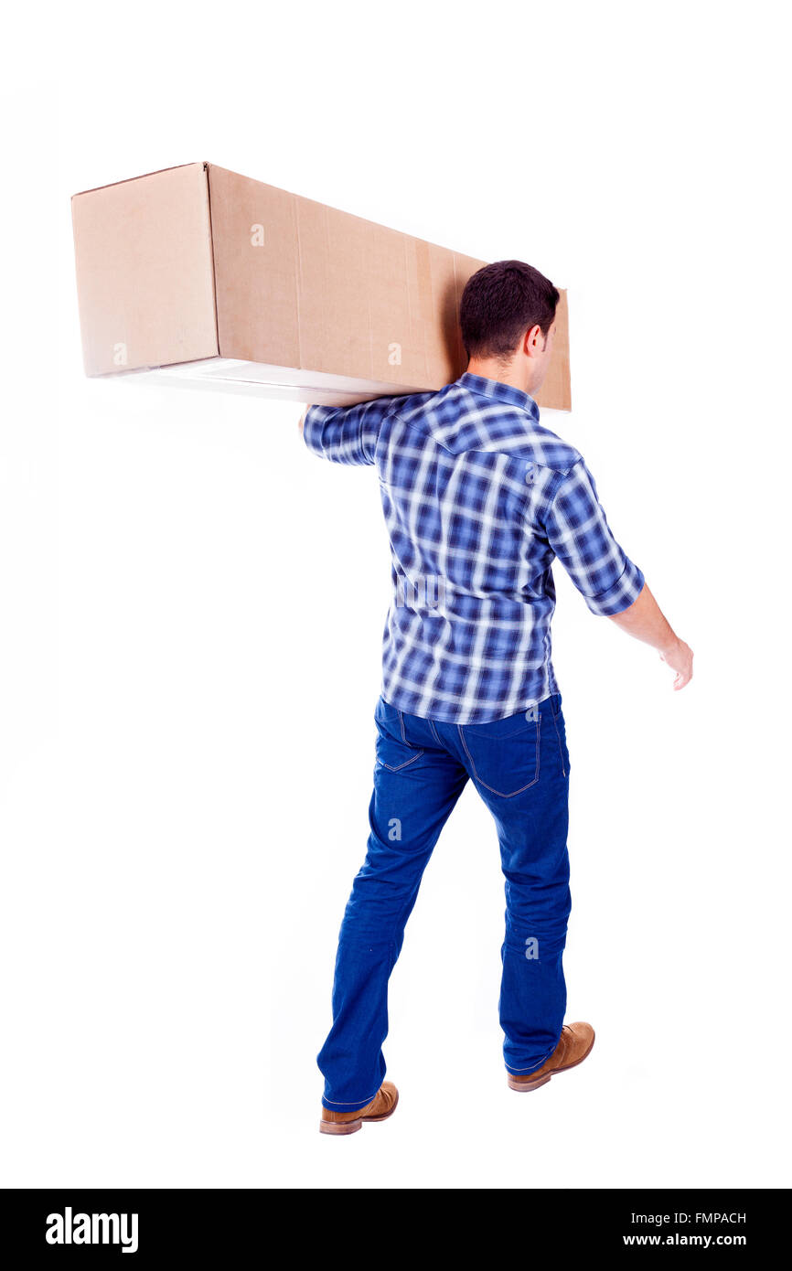 Man walking and carrying a cardbox isolated on white background Stock ...
