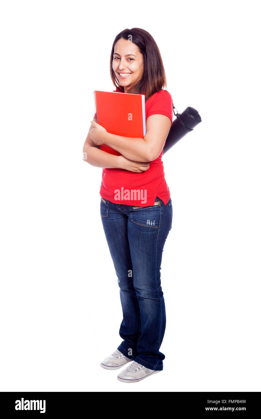 Happy female student carrying notebooks - isolated over a white ...