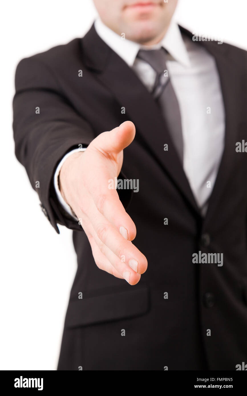 Business man offers his hand ready to seal a deal isolated on white ...