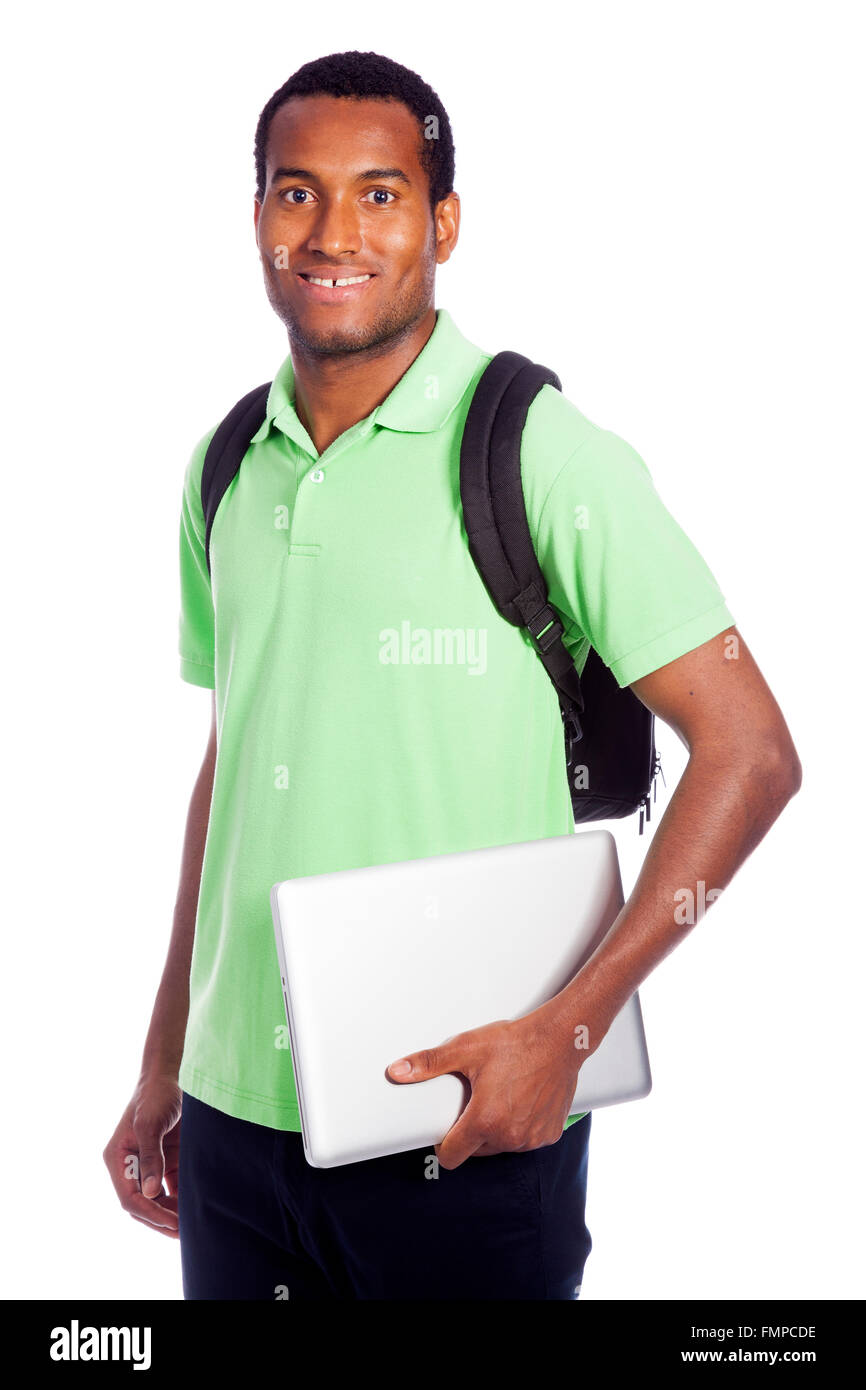 African American student holding a laptop - isolated over a white ...