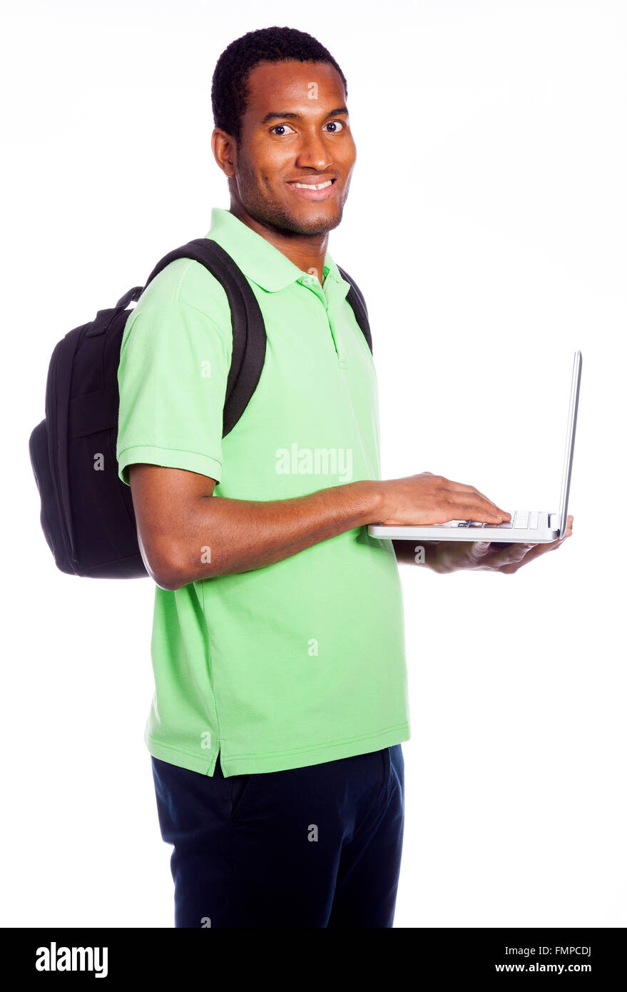 African American student holding a laptop - isolated over a white ...
