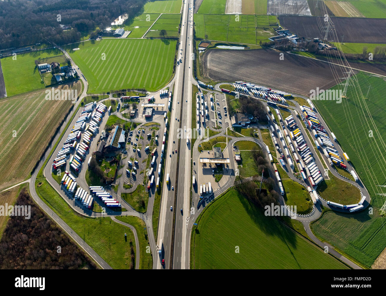 Aerial view, Aachener Land motorway service area with full parking lot ...