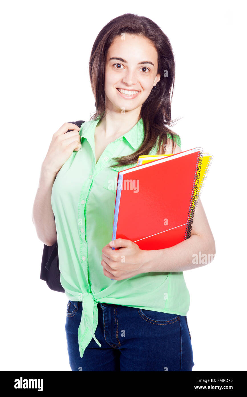smiling female student carrying notebooks, isolated on white Stock ...