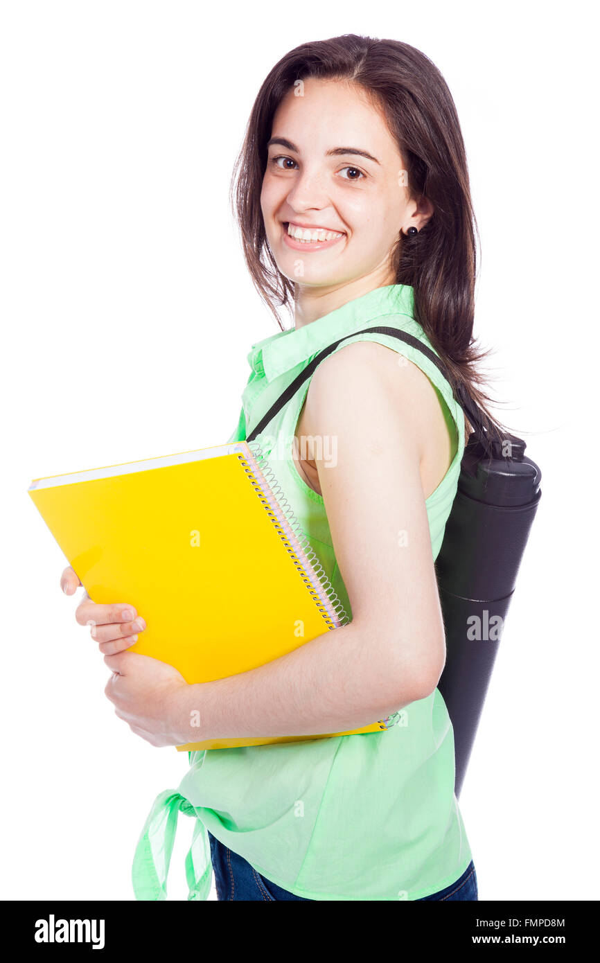 Happy female architecture student carrying notebooks - isolated over a ...
