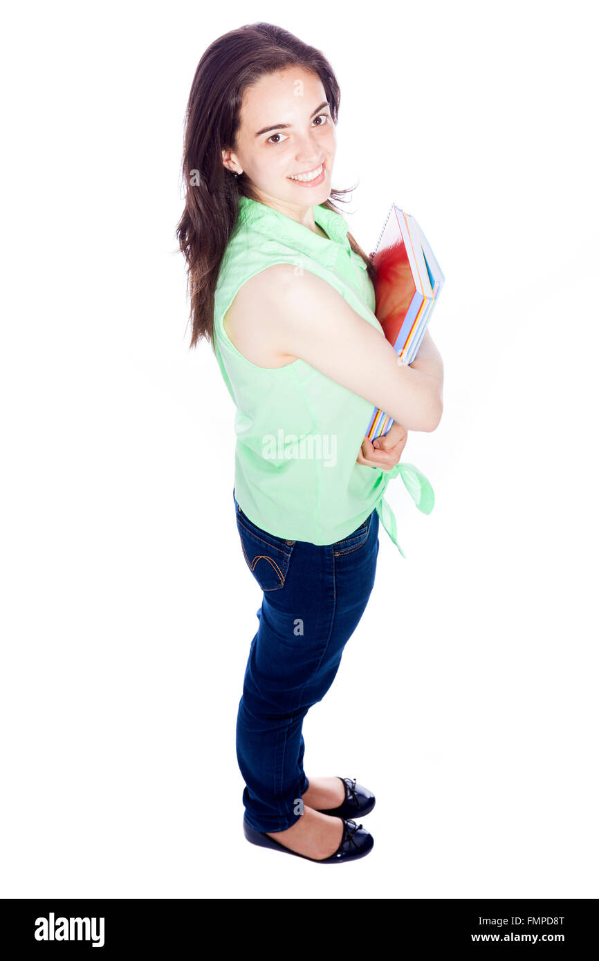 Top view of smiling female student carrying notebooks - isolated over a ...