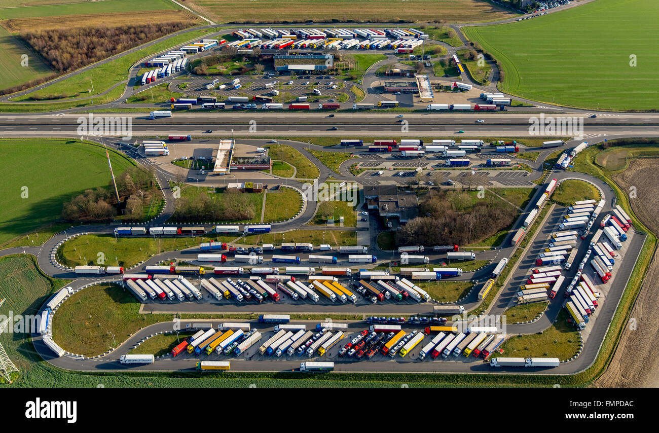 Aerial view, Aachener Land motorway service area with full parking lot ...