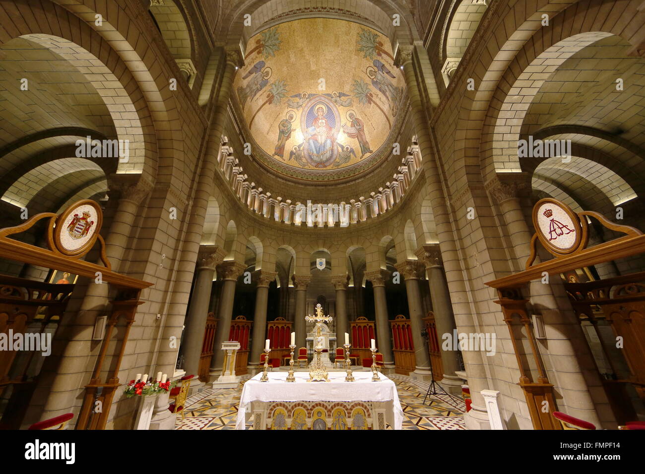 Neo-Romanesque Notre-Dame-Immaculée, altar and apse, Monaco Stock Photo ...