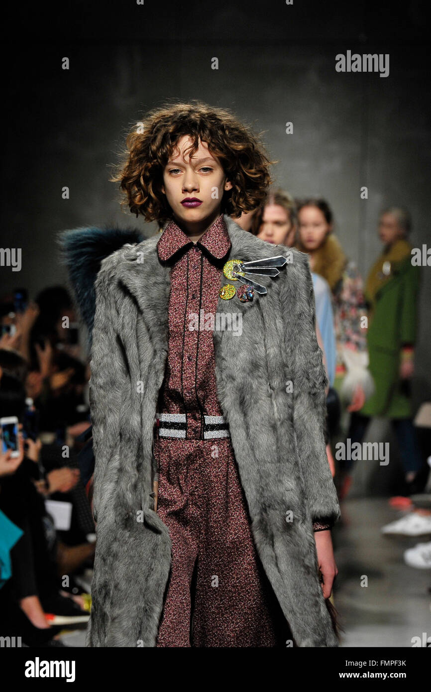 Lisbon, Portugal. 12th March, 2016. A model walks the runway showcasing ...