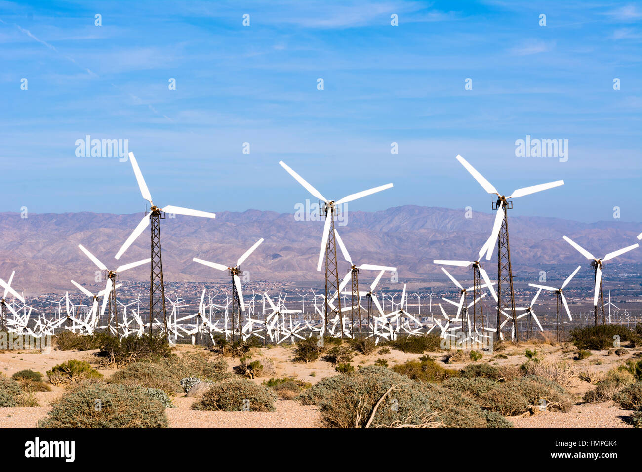 Renewable energy windmills line the mountaintops of Palm Springs Stock ...