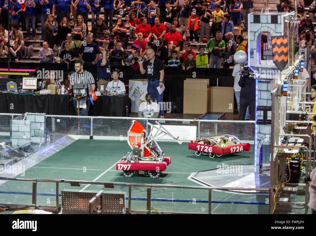 New York, USA. 11th Mar, 2016. The robot of a British team throws a ...