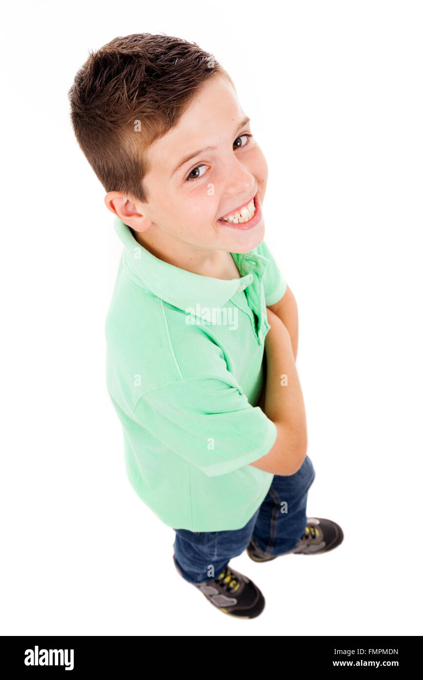 Full body portrait of a happy little boy standing isolated over white ...