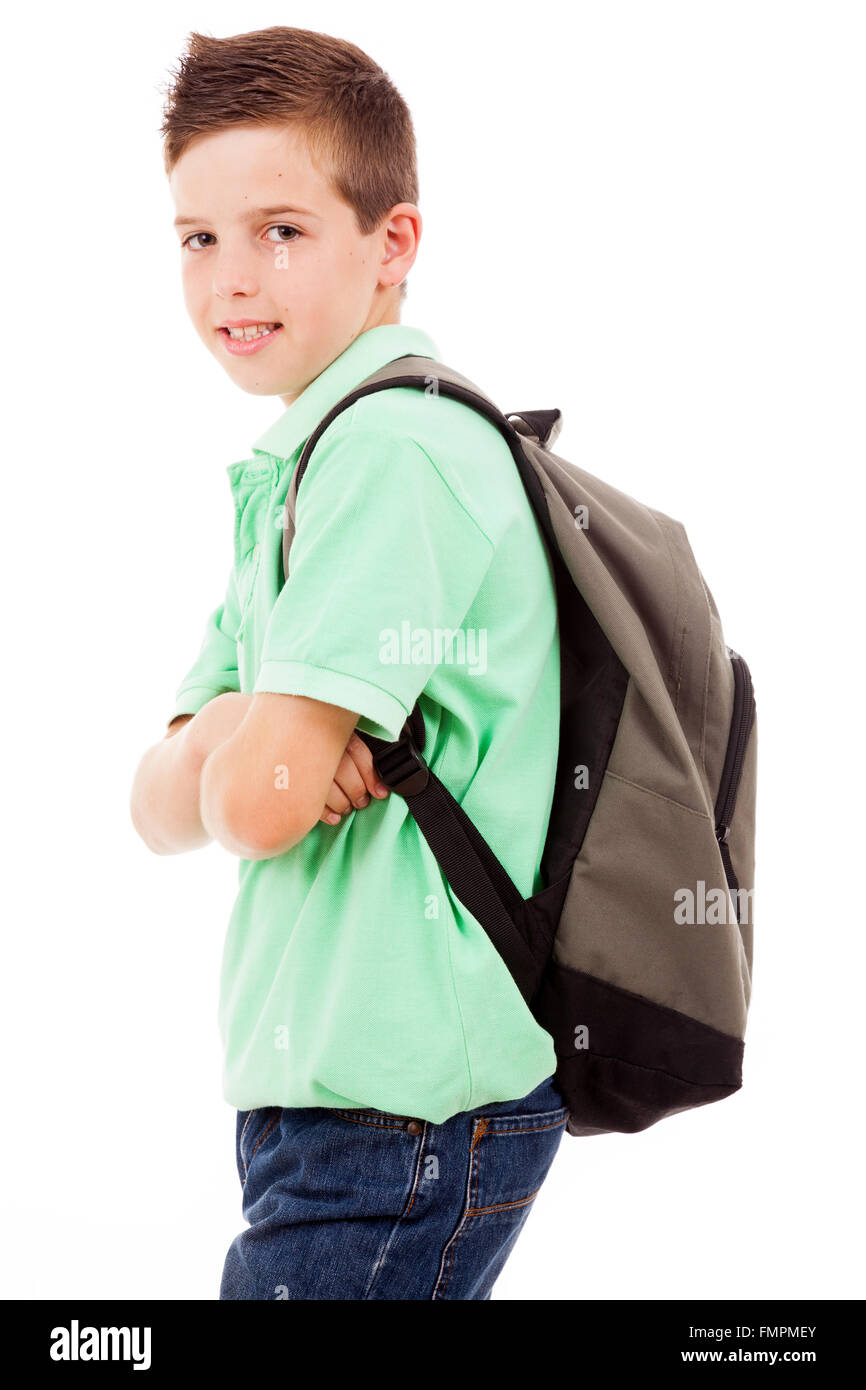 Portrait of a school boy with backpack, isolated on white background ...