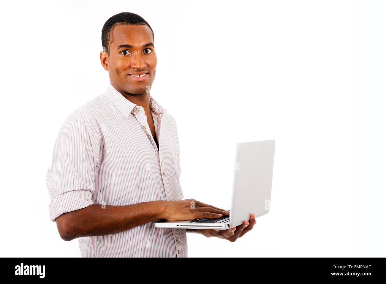 Smiling black man with laptop, isolated on white Stock Photo - Alamy
