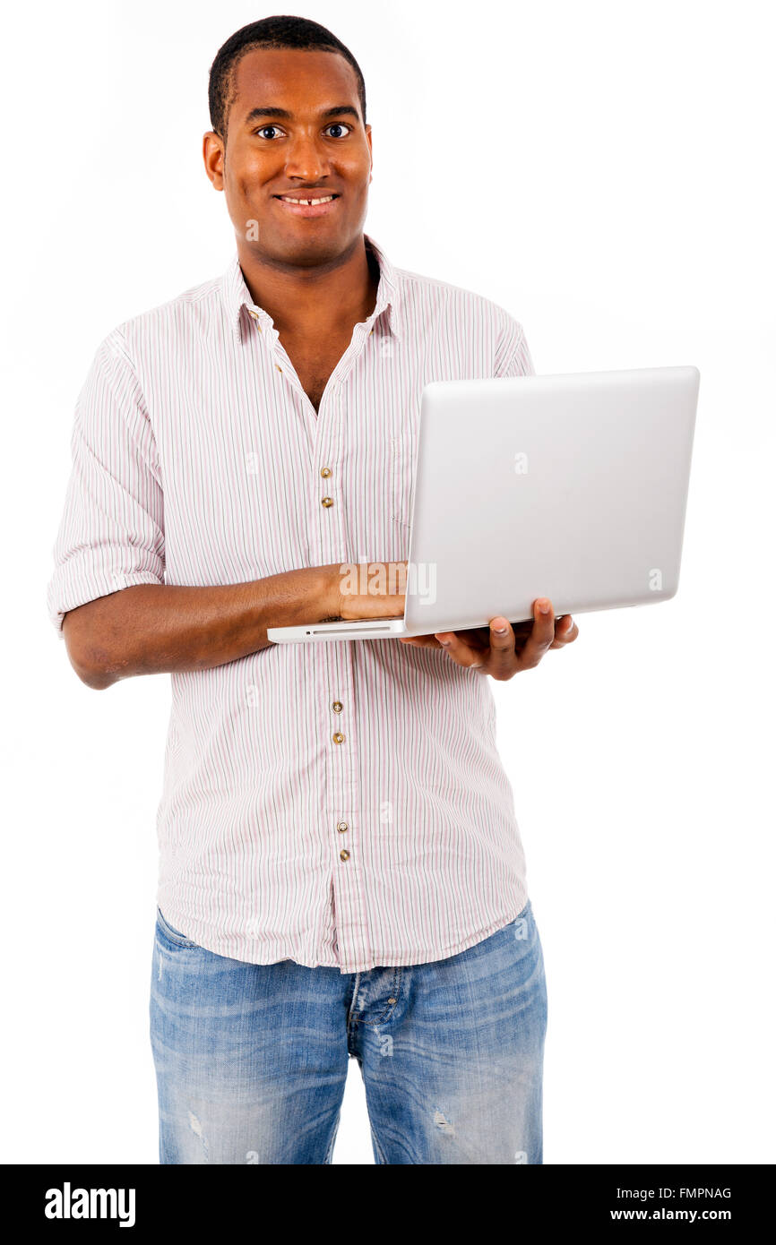 Smiling black man with laptop, isolated on white Stock Photo - Alamy