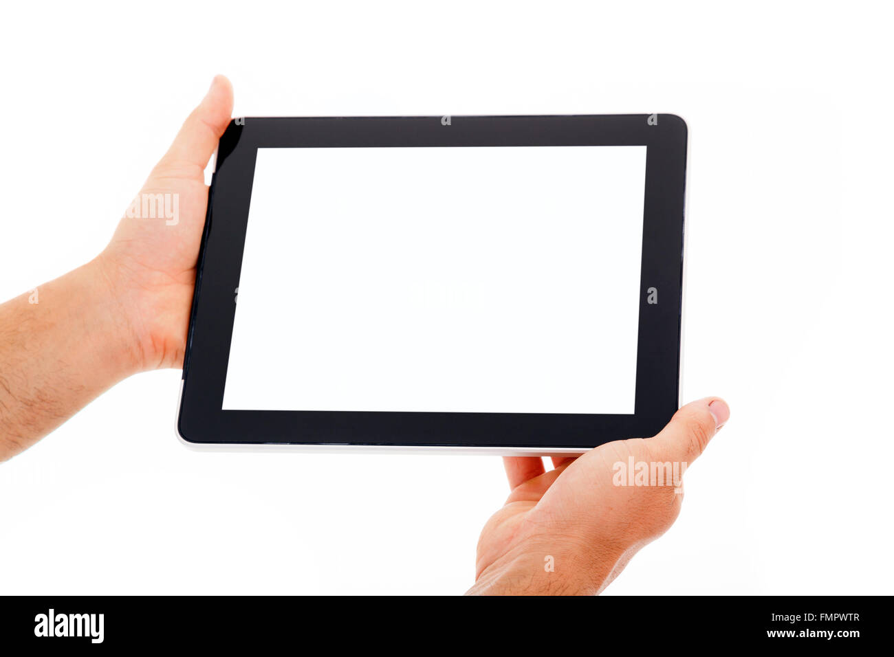 Hands holding tablet computer. Isolated on white background Stock Photo ...