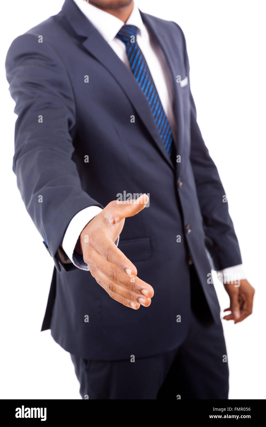 African American business man offering handshake over white background ...