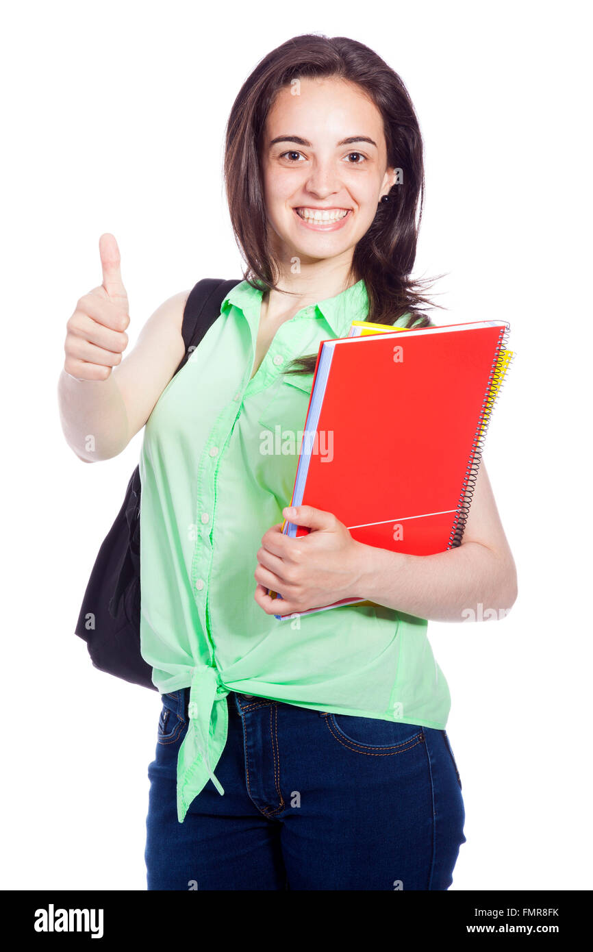 Happy smiling female student thumbs up, isolated on white background ...