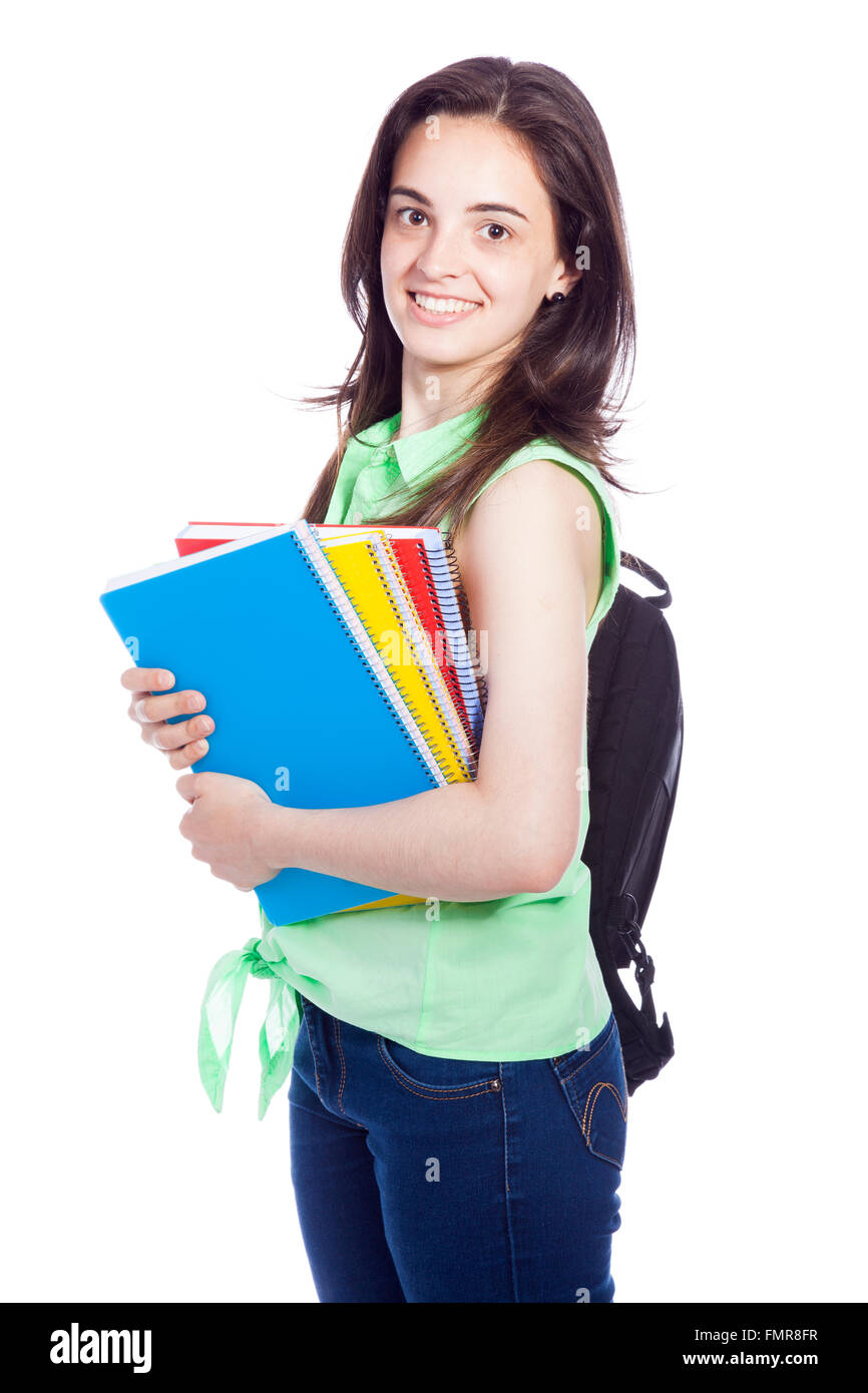 Smiling female student looking at camera, isolated on white Stock Photo ...