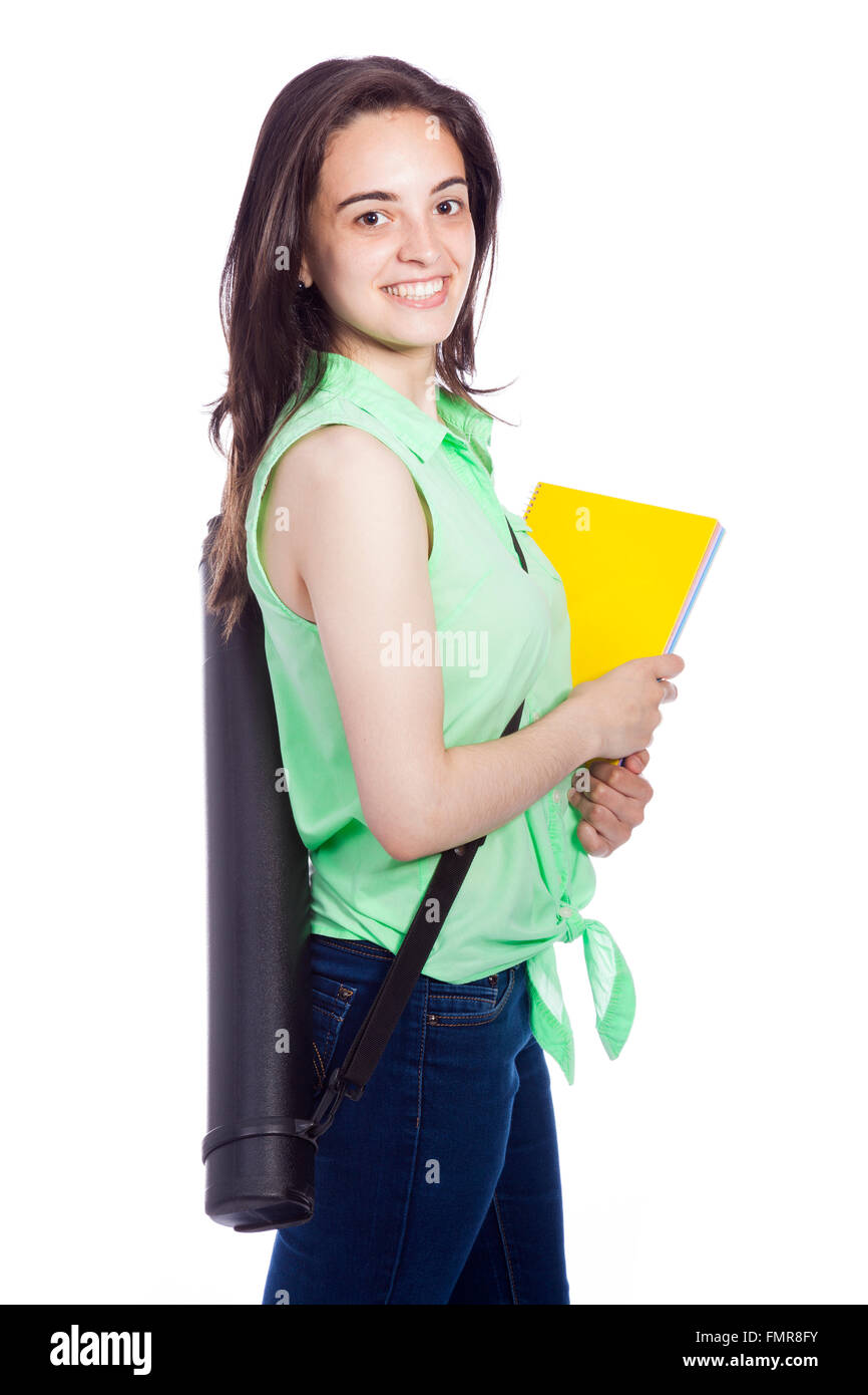 Confident smiling female student carrying notebooks, isolated on white ...