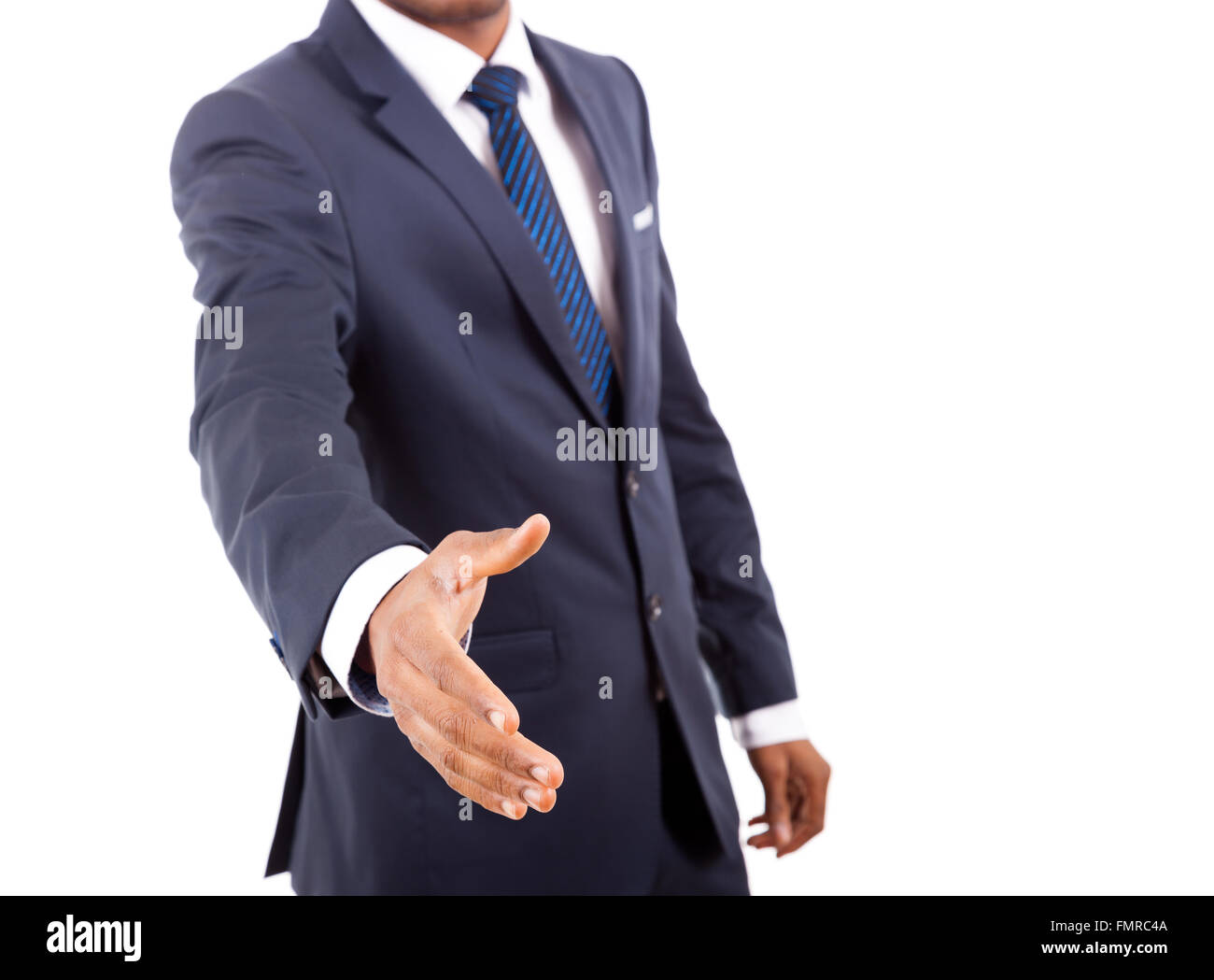 African American business man offering handshake over white background ...