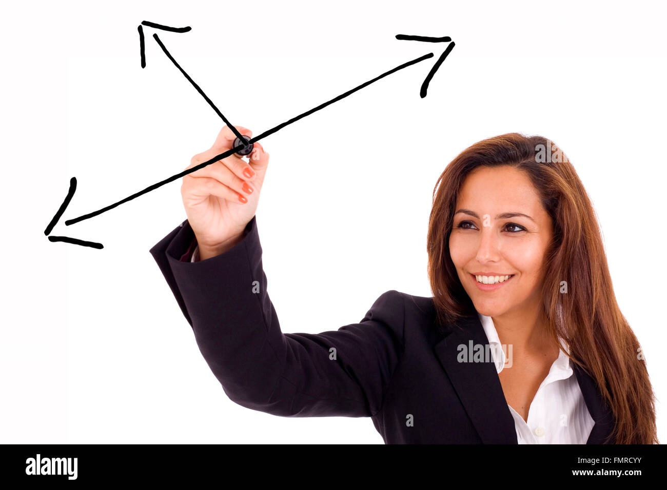 Portrait of a smiling young businesswoman drawing arrows Stock Photo ...