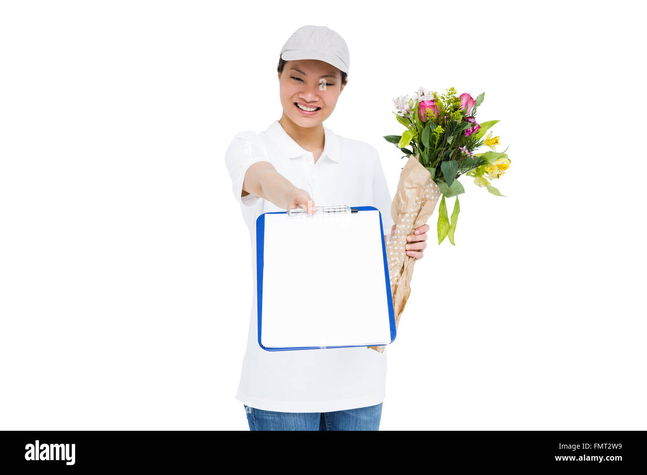 Attractive young delivery woman showing hi-res stock photography and ...