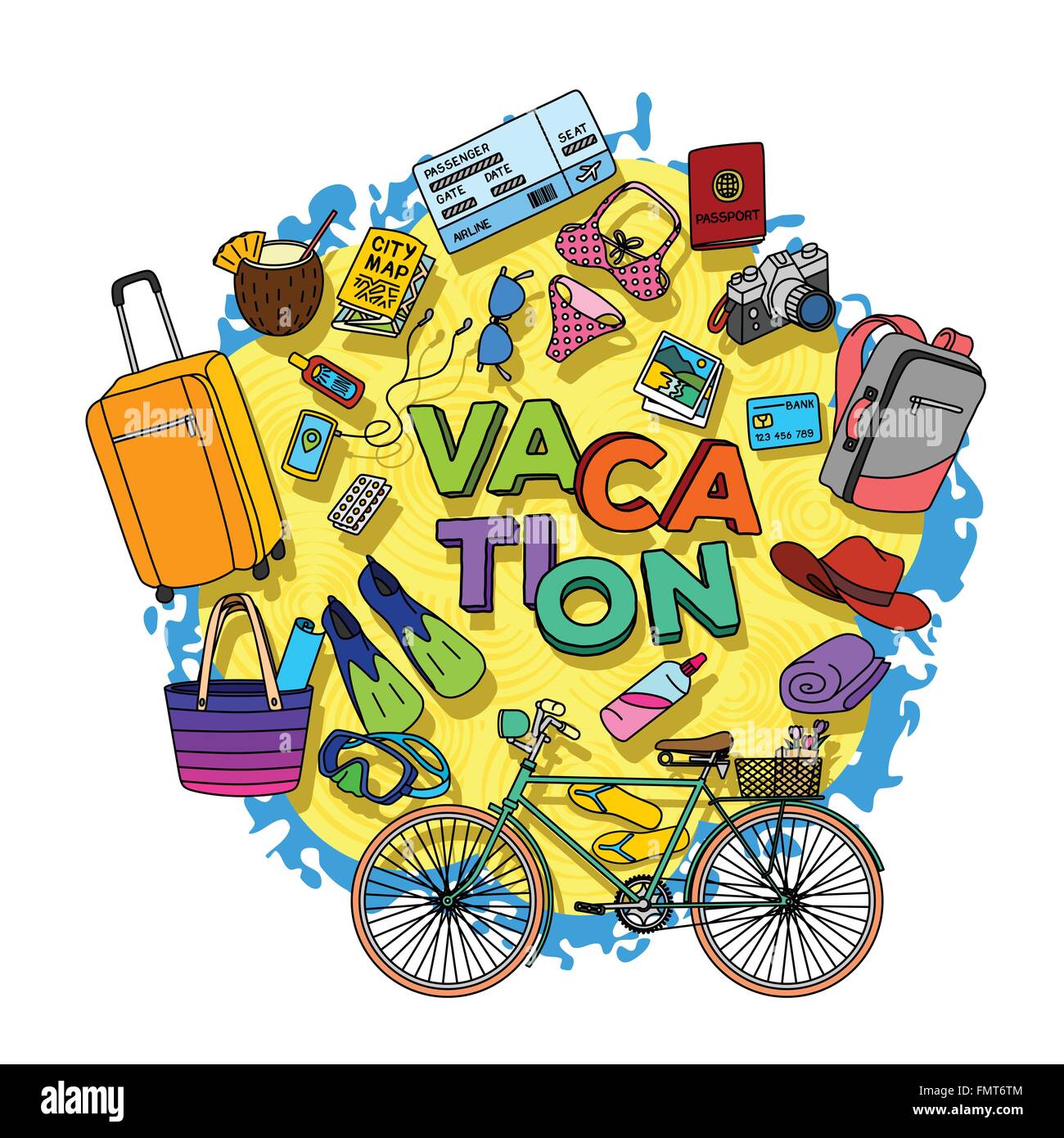 Hand drawn vacation doodle, various stuff related to vacation Stock ...