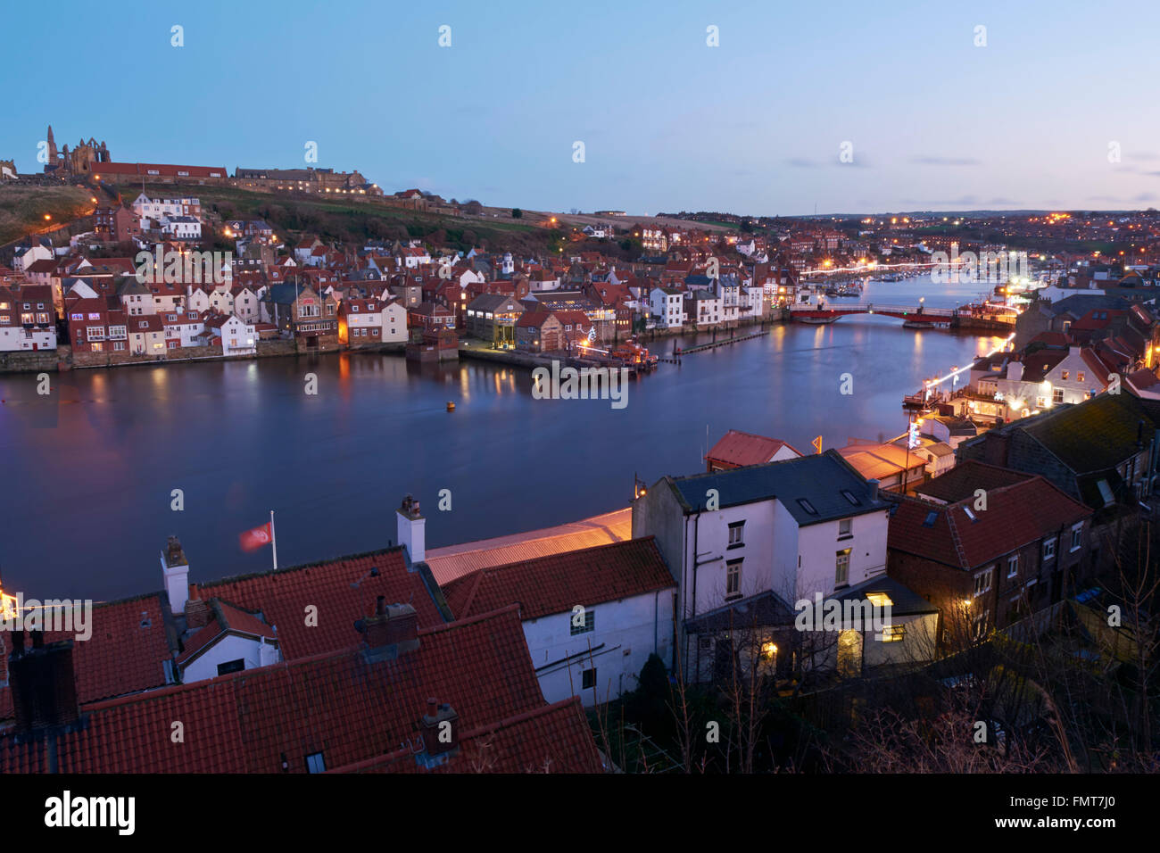 Whitby Harbour and Abbey at night in winter - Whitby, Yorkshire ...