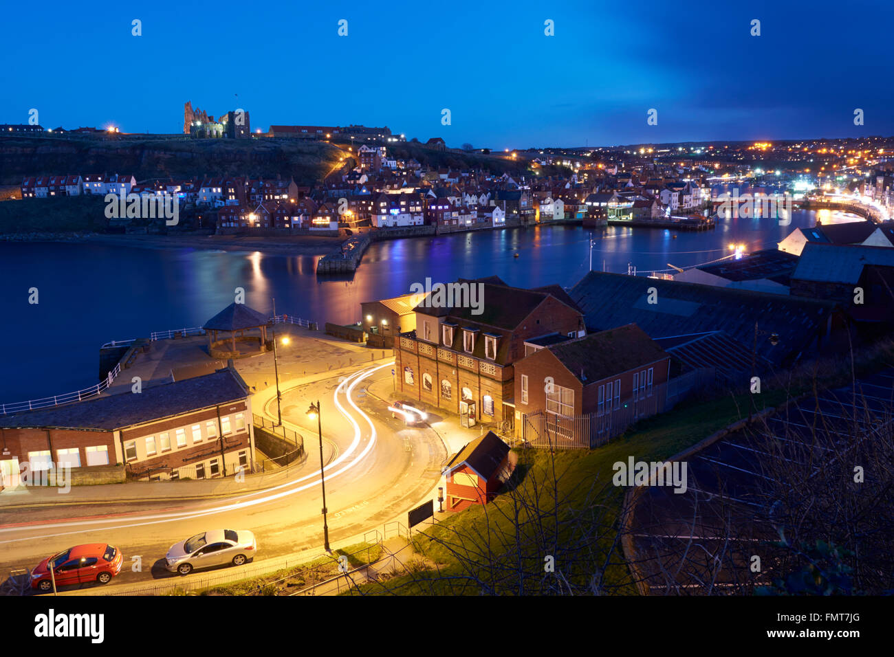 Whitby Harbour and Abbey at night in winter - Whitby, Yorkshire ...