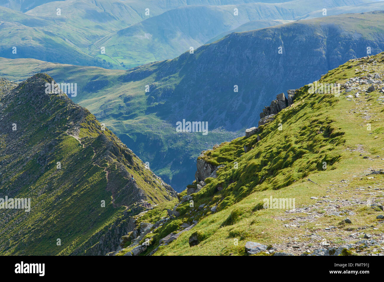 View from Hellvellyn Summit down Striding Edge - Lake District, England ...