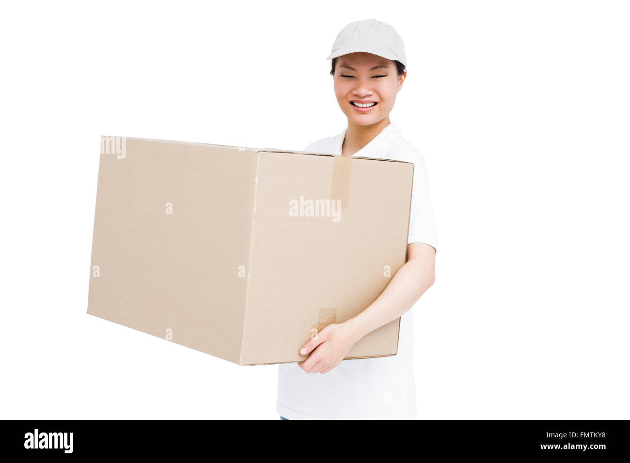 Delivery woman carrying box Stock Photo - Alamy