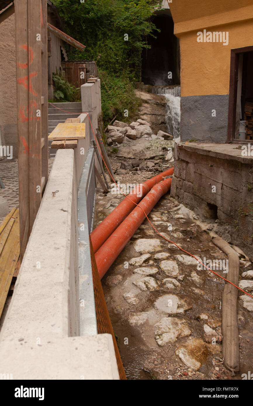 View of sewer pipes in the construction of household sewer (Shallow DOF ...