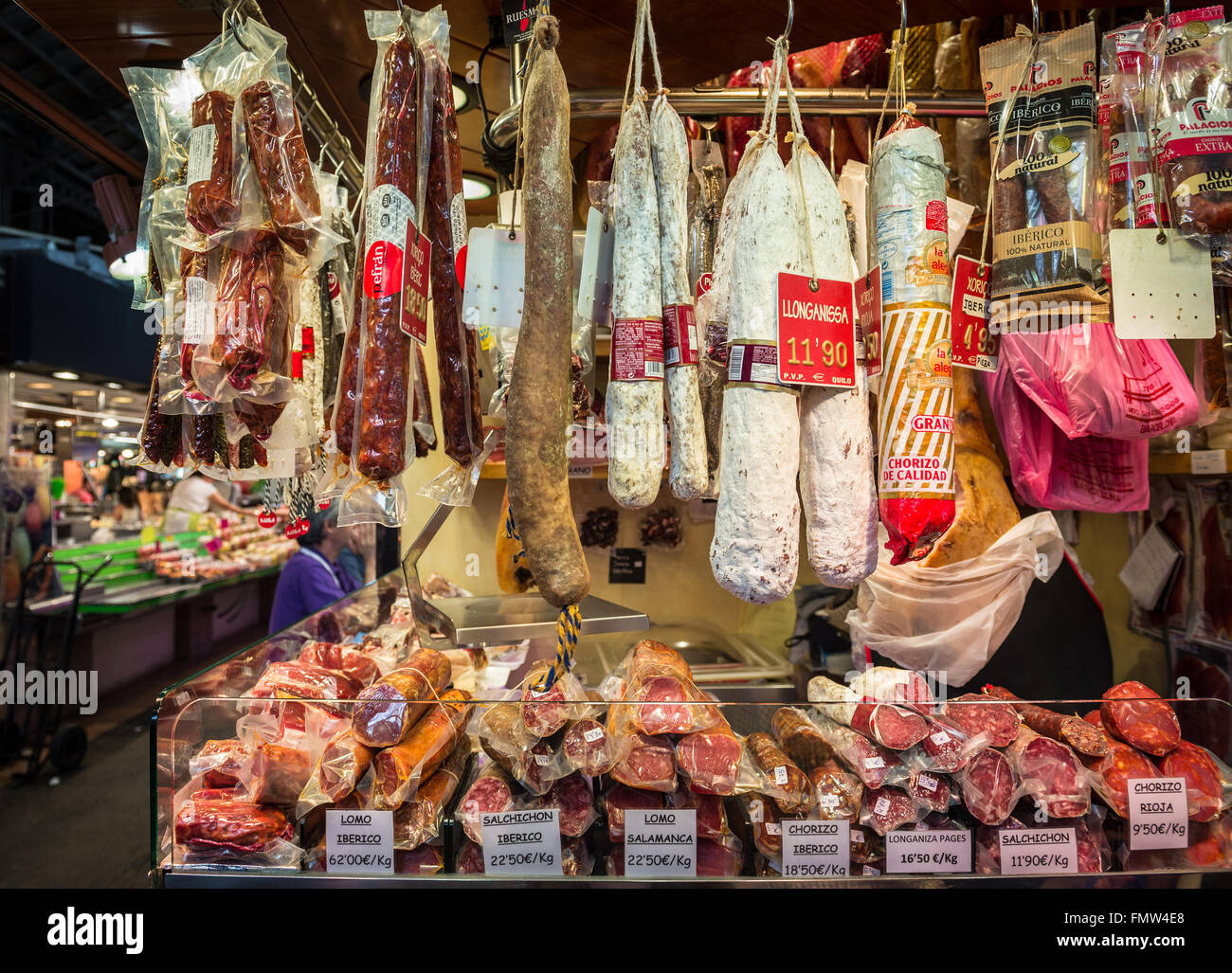 Meat shop with Longaniza sausages at Mercat de Sant Josep de la ...