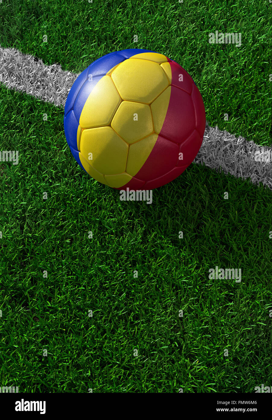 Soccer ball and national flag of Romania lies on the green grass Stock ...