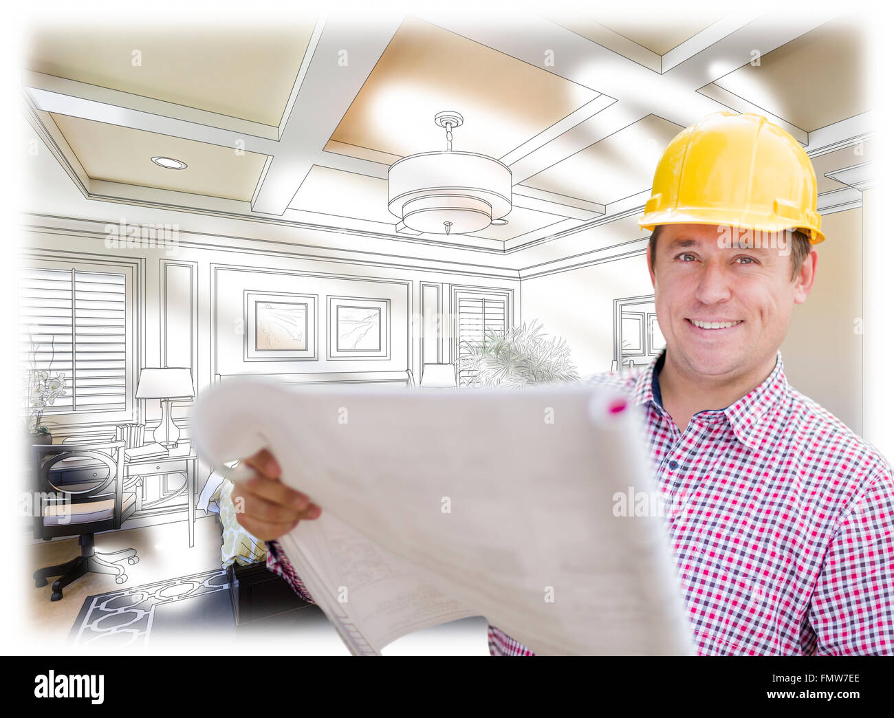 Smiling Contractor in Hard Hat with Roll of Plans Over Custom Bedroom ...