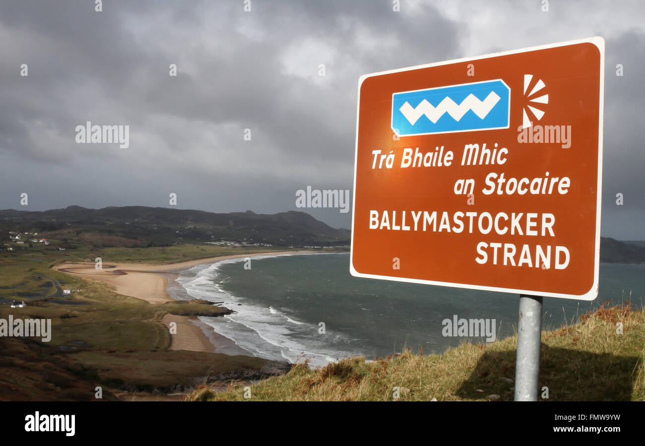 Ballymastocker Strand and Wild Atlantic Way sign at Knockalla, County ...