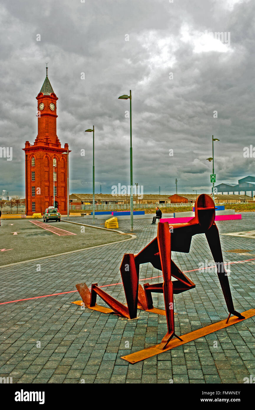 Clock Tower and Metal Sculpture, Riverside, Middlesbrough Stock Photo ...