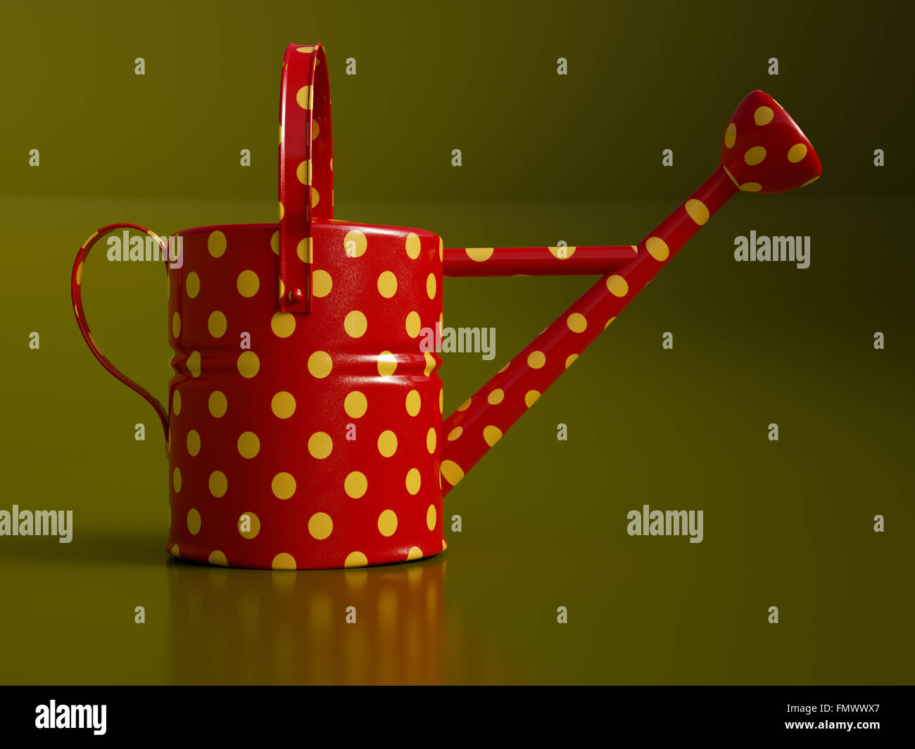 Red polka dot watering can isolated on green background Stock Photo - Alamy