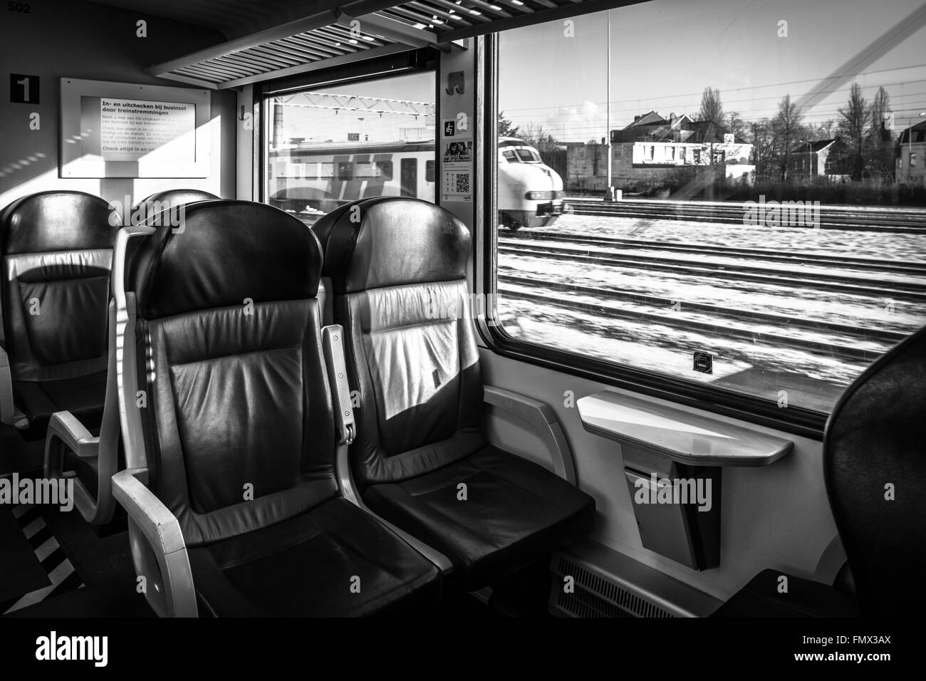 Interior of first class train carriage Black and White Stock Photos ...