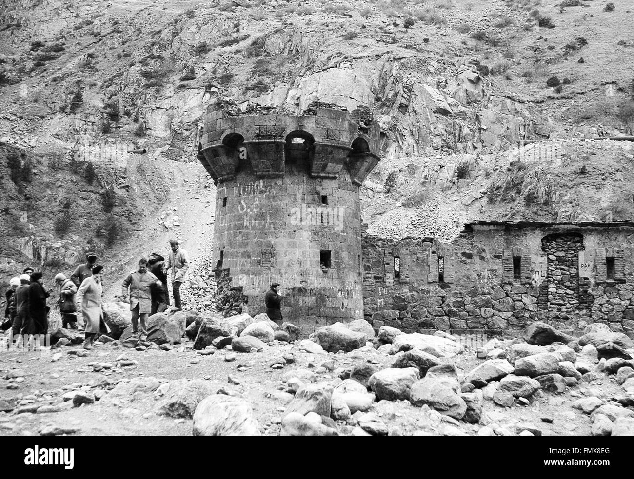 Ruin. Tamara Castle. Georgian Military Road. Caucasus. Black and white ...